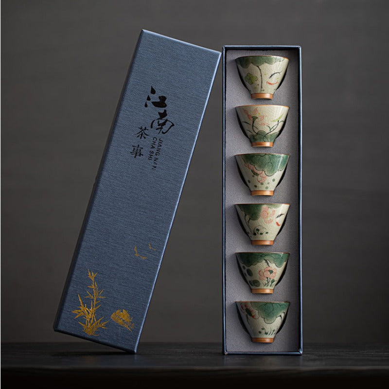 Ge Kiln Hand-painted Ice Crackle Ceramic [Lotus] Straw Hat Tea Cup Set